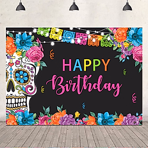 Ticuenicoa Day of The Dead Happy Birthday Backdrop for Mexican Fiesta Sugar Skull Flowers Photography Background Dia DE Los Muertos Party Decorations Supplies Fiesta Banner Photo Booth Studio 7x5ft