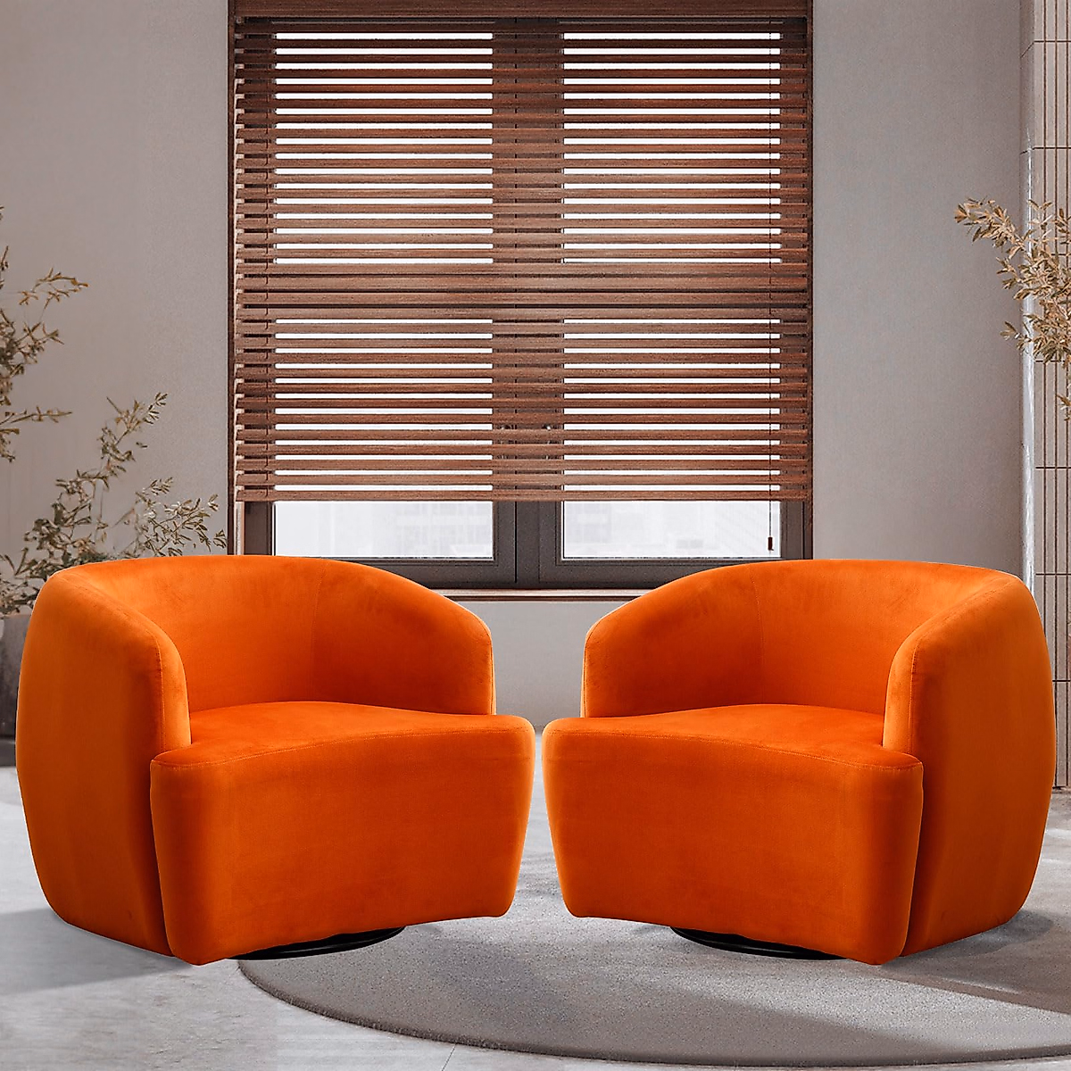 Bonzy Home Swivel Barrel Accent Chair Set of 2, Comfy Velvet Upholstered Round Swivel Armchair with Padded Cushion, Modern Channel Club Chair for Living Room Bedroom, Orange