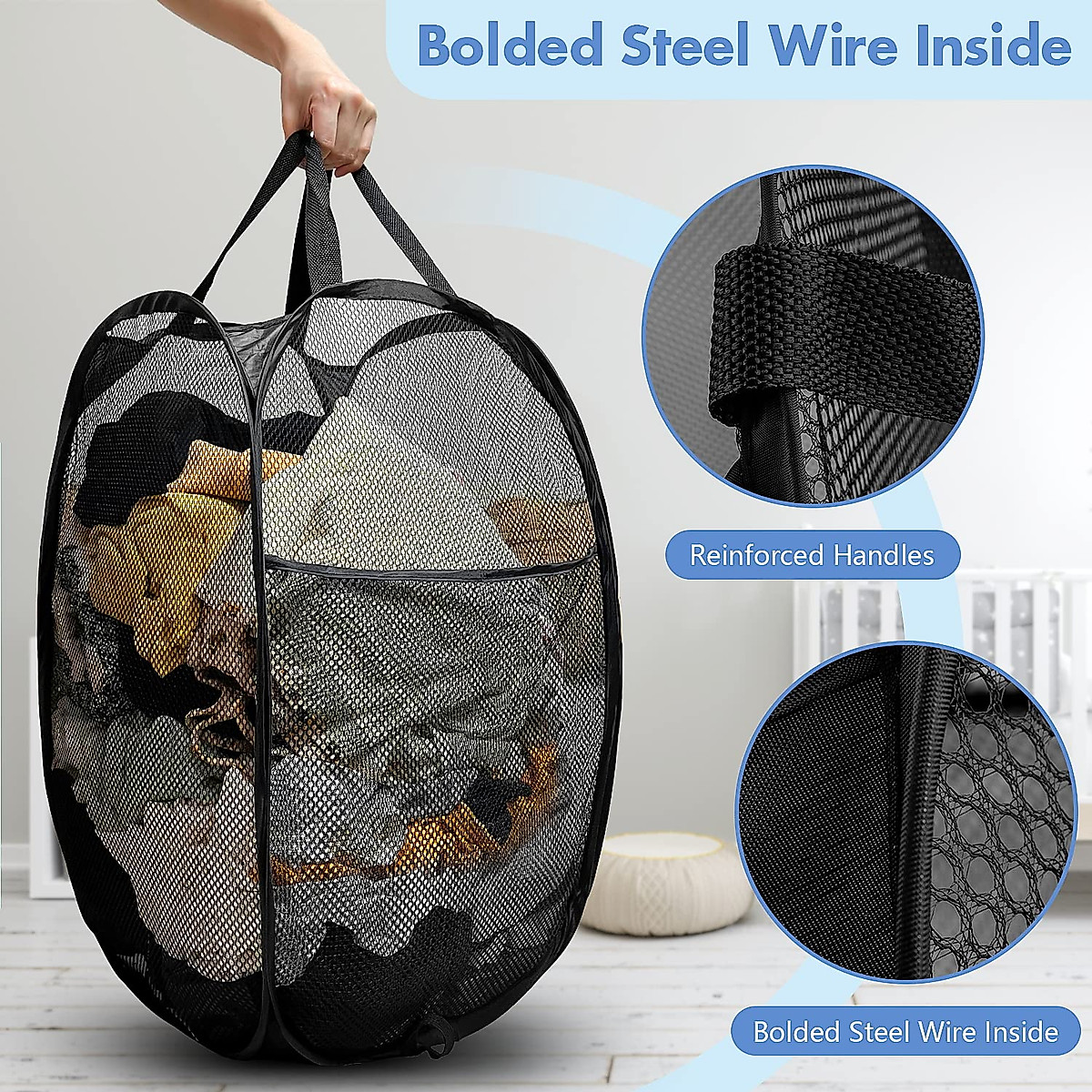 Pop Up Hamper, 2 PCS Mesh Pop Up Laundry Hamper, Premium Pop Up Laundry Basket, Mesh Laundry Basket, Pop Up Hampers for Laundry, Mesh Laundry Hamper, Foldable Popup Mesh Hamper, Travel Hamper, Black