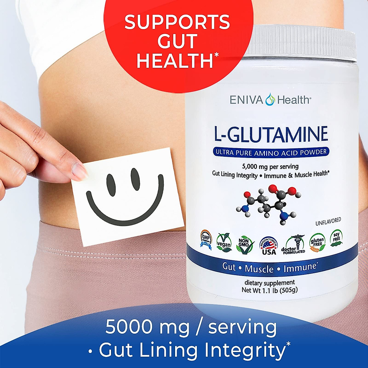 Eniva Health L-Glutamine Pure Powder, Unflavored (101 Servings) | Vegan, Gluten-Free, Sugar-Free, Non-GMO | Doctor-Formulated, USA Made | Gut Health, Leaky Gut, Bloating, Muscle Health, Immune System