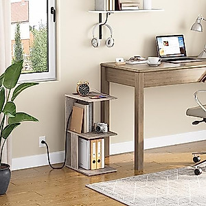 MAHANCRIS End Table with Charging Station, Narrow Side Table for Small Spaces, Sofa Couch Table with Storage Shelf, Slim Nightstand with Light, Beside Table for Bedroom, Living Room, Greige ETHG18E01