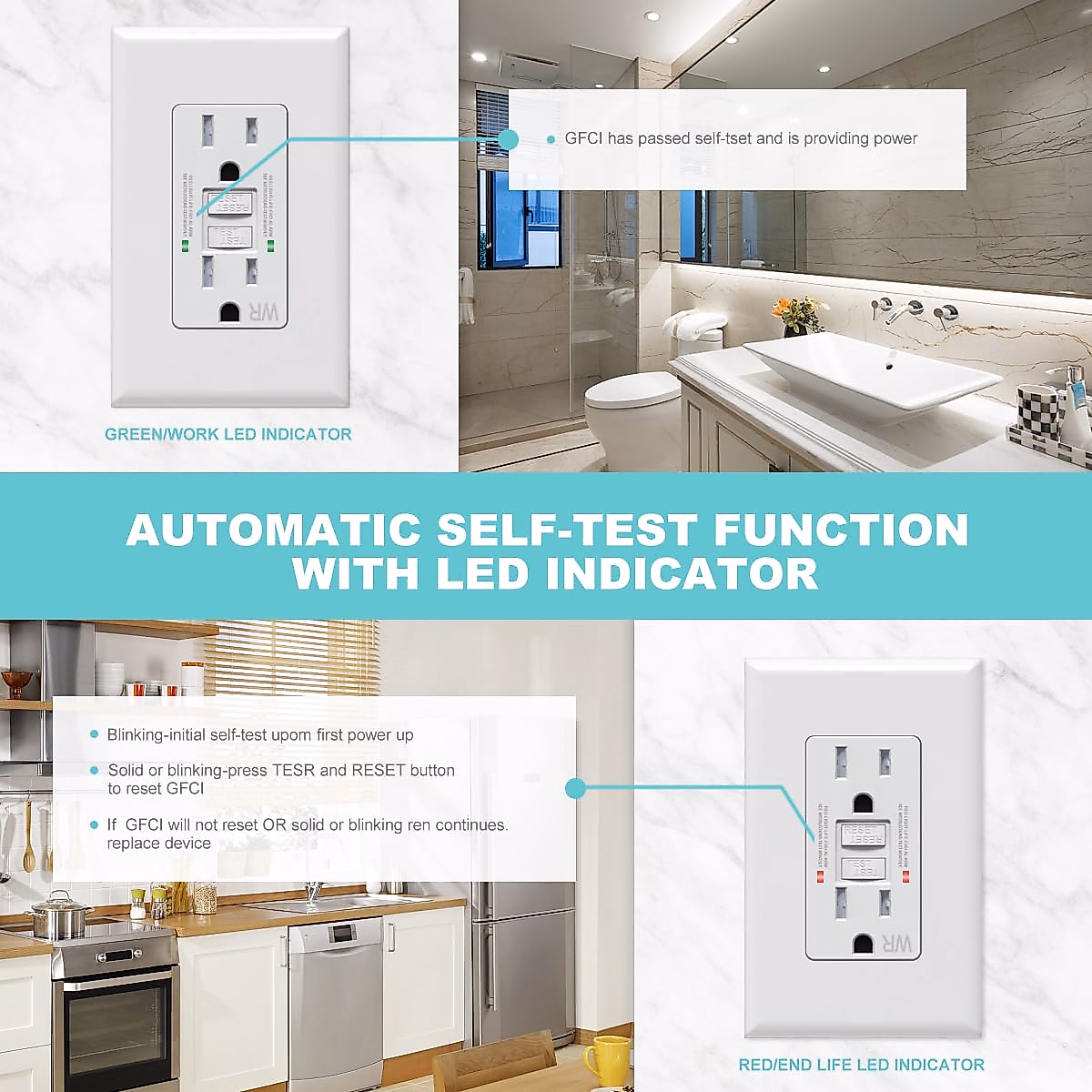 Micmi GFCI Outlet WR Weather Resistant Tamper Resistant TR Receptacle Self-Test with LED Indicator, 15Amp 125 Volt Screwless Wallplate Included ETL Listed (6Pack, White)