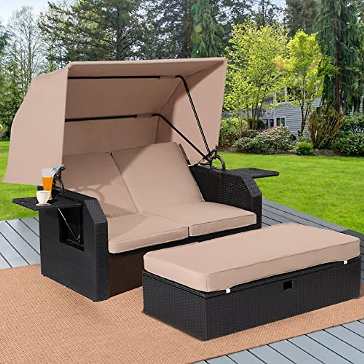 B BAIJIAWEI Outdoor Wicker Loveseat - Patio Furniture Set with Retractable Canopy, Adjustable Back, Side Table, Ottoman, Cushion - PE Rattan Sofa Set for Garden Poolside Backyard Lawn Porch