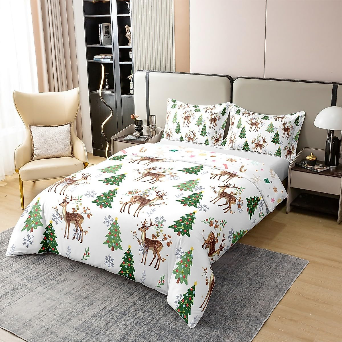 Erosebridal Christmas 100% Cotton Duvet Cover Queen,Cartoon Xmas Deer Bedding for Kids Boys Girls,Snowflake Bells Elk Antlers Comforter Cover Bedroom Decor,Jungle Animal Bed Sets with 2 Pillowcases