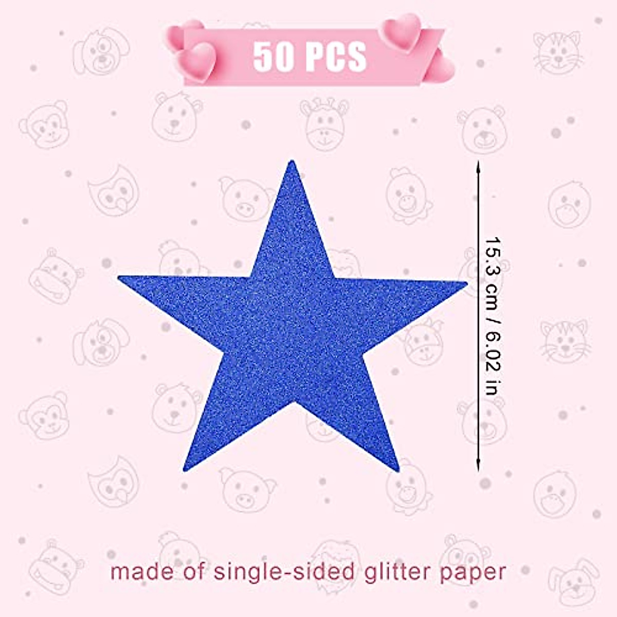 50pcs Glitter Star Cutouts, 6inch Twinkle Star Glitter Paper Confetti Star Shape Paper Cut Outs for Bulletin Board Classroom Wall Party Supplies (Blue)