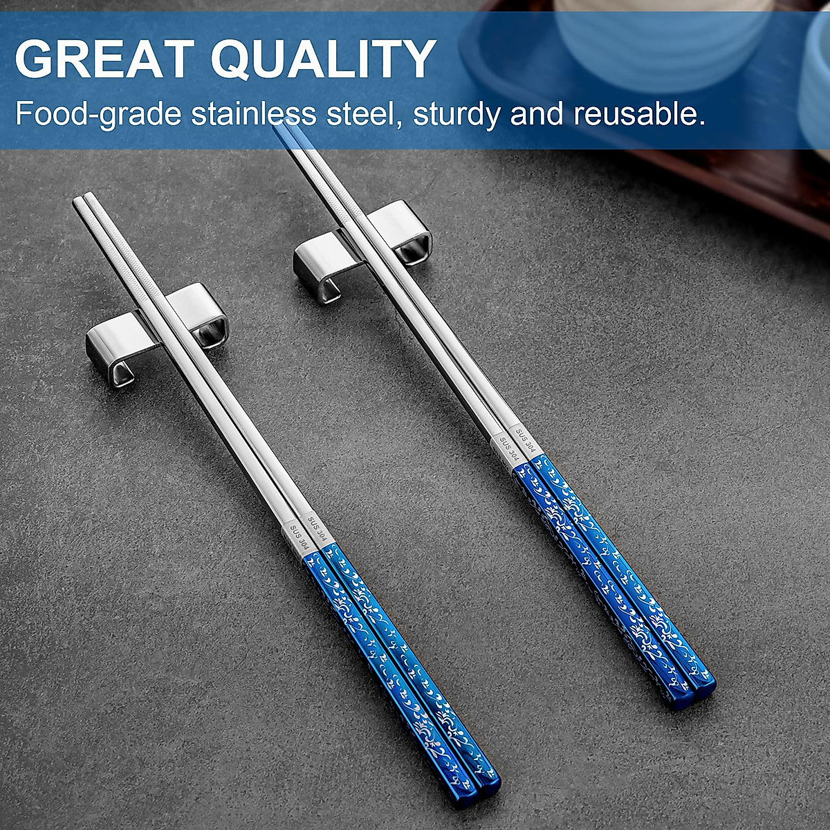 FOFAYU Metal Chopsticks Reusable 2 Pairs Titanium Plated Stainless Steel Chopsticks with Holder, Dishwasher Safe Non-Slip Japanese Style Chop Sticks Gift Set (Blue Silver)