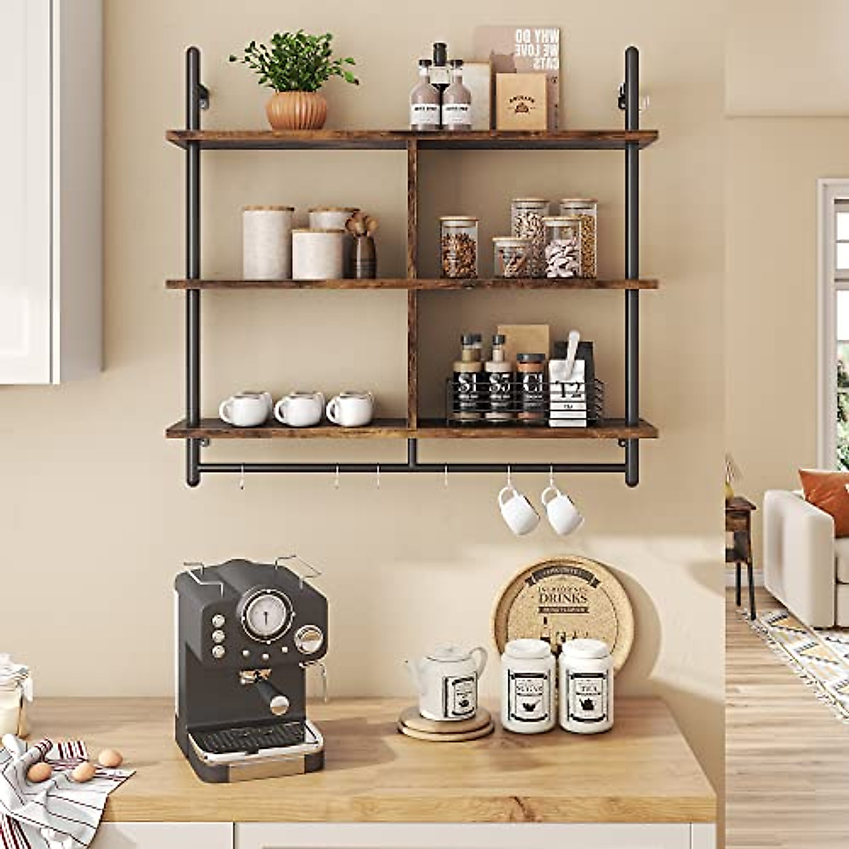 Bestier 41.5" Floating Pipe Shelving 3 Tier Industrial Wall-Mounted Ladder Shelf Hanging with Circular Tube, Wood Display Bookshelf Storage for Living Room Kitchen Balcony, Rustic Brown