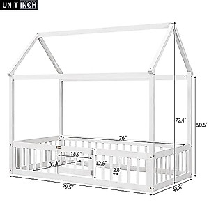 Merax Twin Size Wood House Bed with Fence and Door, Wooden Bedframe with Roof for Teens, Boys or Girls, White