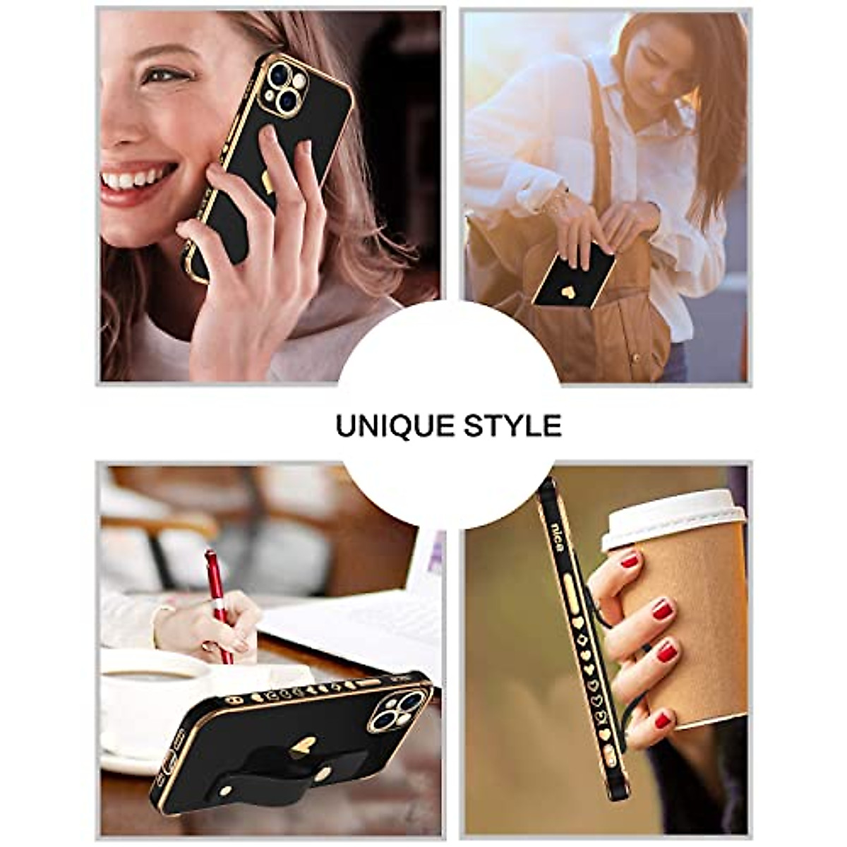 BENTOBEN iPhone 13 Slim Case, Sparkly Heart Design, Shockproof TPU Bumper, Drop Protection, 6.1", Black/Gold