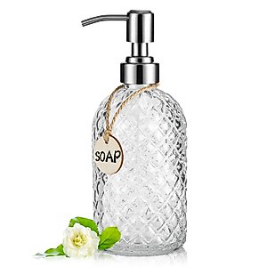 MOCLIF 16 OZ Clear Soap Dispenser with 304 Rustproof Stainless Steel Pump Bathroom Kitchen,Soap Dispenser,Refillable Liquid Glass Soap Dispenser for Hand Soap, Dish Soap, Lotion(Clear)