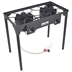 COOKAMP High Pressure Double Propane Burner Outdoor Camping Stove with 0-20 PSI Adjustable Regulator and Steel Braided Hose SA2500