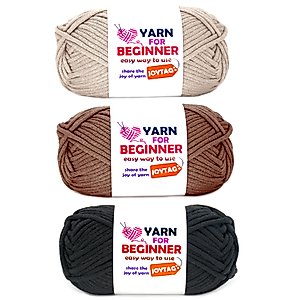 Yarn for Crocheting and Knitting Cotton Crochet Knitting Yarn for Beginners with Easy-to-See Stitches Cotton-Nylon Blend Easy Yarn for Beginners Crochet Kit(3x50g)-Black+Coffee+Beige