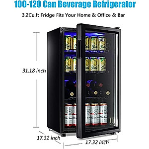WANAI Beverage Refrigerator Cooler Mini Fridge Glass Door 100Can Beer Fridge Beverage Cooler Drinks Wines Juice Soda Cooler Adjustable Shelves Blue LED Lights Temp Control for Home Dorm 3.2 Cu. Ft