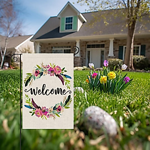 Spring Welcome Burlap Garden Flag (12x18, Double Sided) Small Mini Rustic Farmhouse Watercolor Decorative Yard Flag for Outside