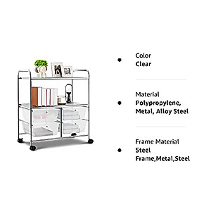 RELAX4LIFE Storage Cart W/Four Drawers, Wheels and Two Shelves, Stable Steel Frame Craft Cart for Office,Home, Make Up Storage and Files Arrangement Storage Cart Organizer (Clear)