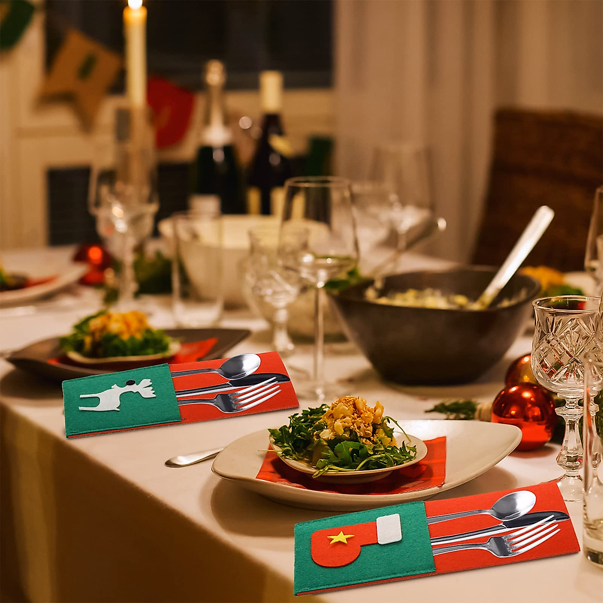 10 Pieces Christmas Silverware Holder Pocket Tableware Cutlery Organizers Felt Xmas Tree Snowman Reindeer Snowflake Stocking Knife Fork Flatware Bags Christmas Party Dinner Table Supplies