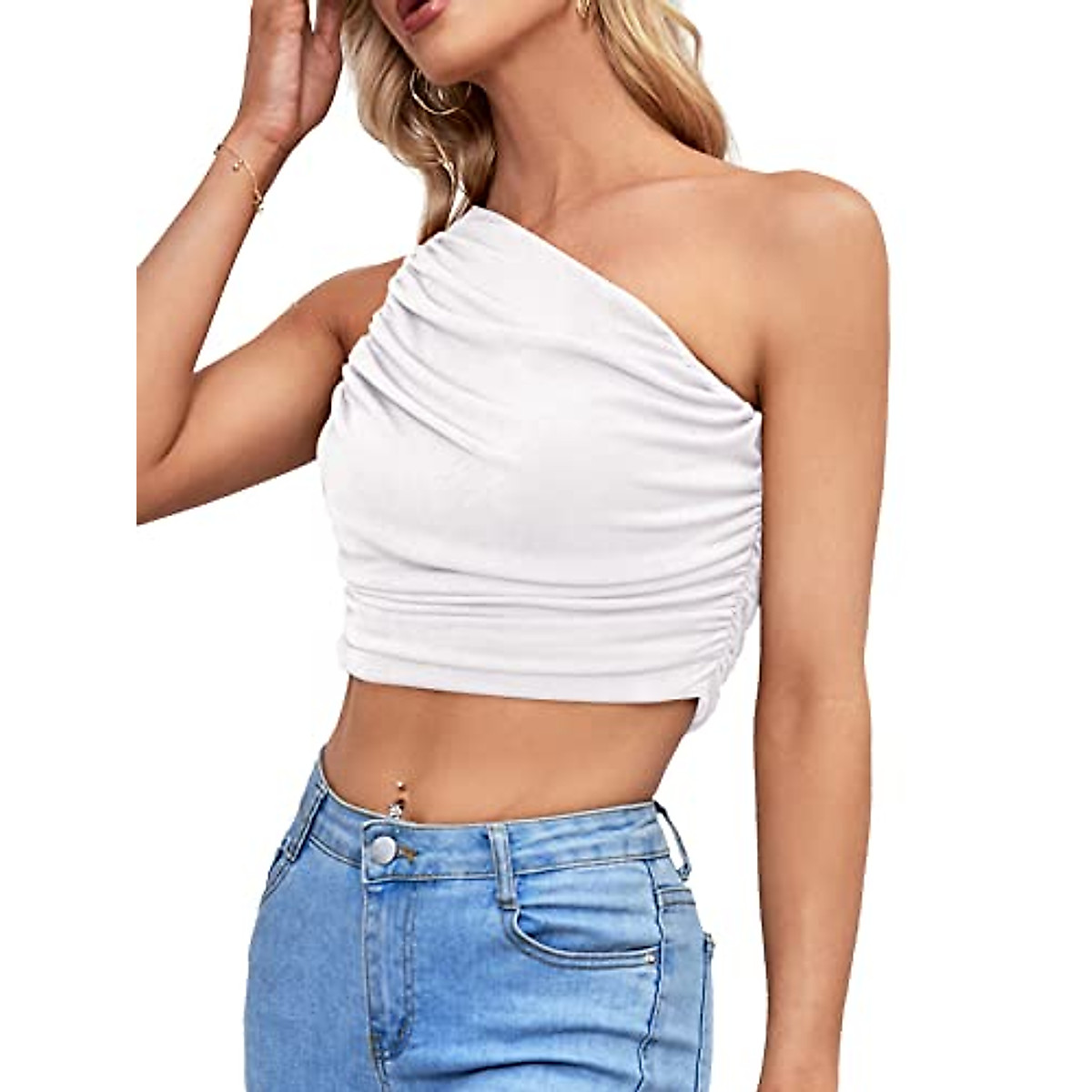 LYANER Women's Sexy Ruched One Shoulder Sleeveless Crop Top Strappy Cami Tank White Medium