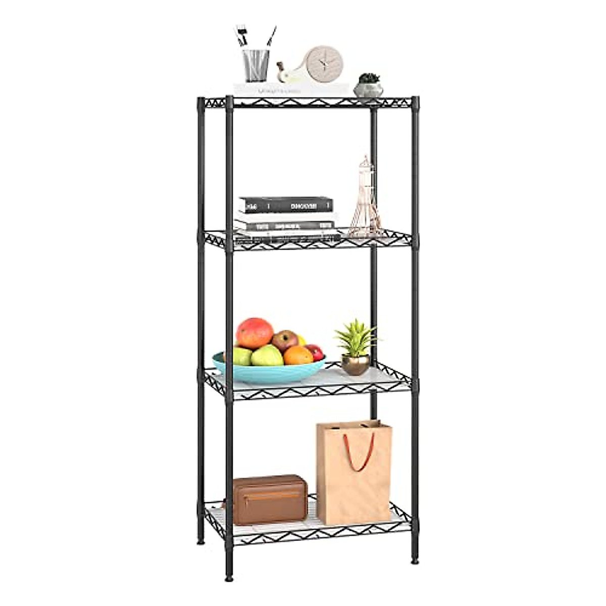 BestOffice 4-Shelf Adjustable Storage Shelving Unit Metal Rack Wire Shelf 600Lbs Capacity with 4 PP Sheets 18L x 12W x 44H for Laundry Bathroom Kitchen Garage,Black