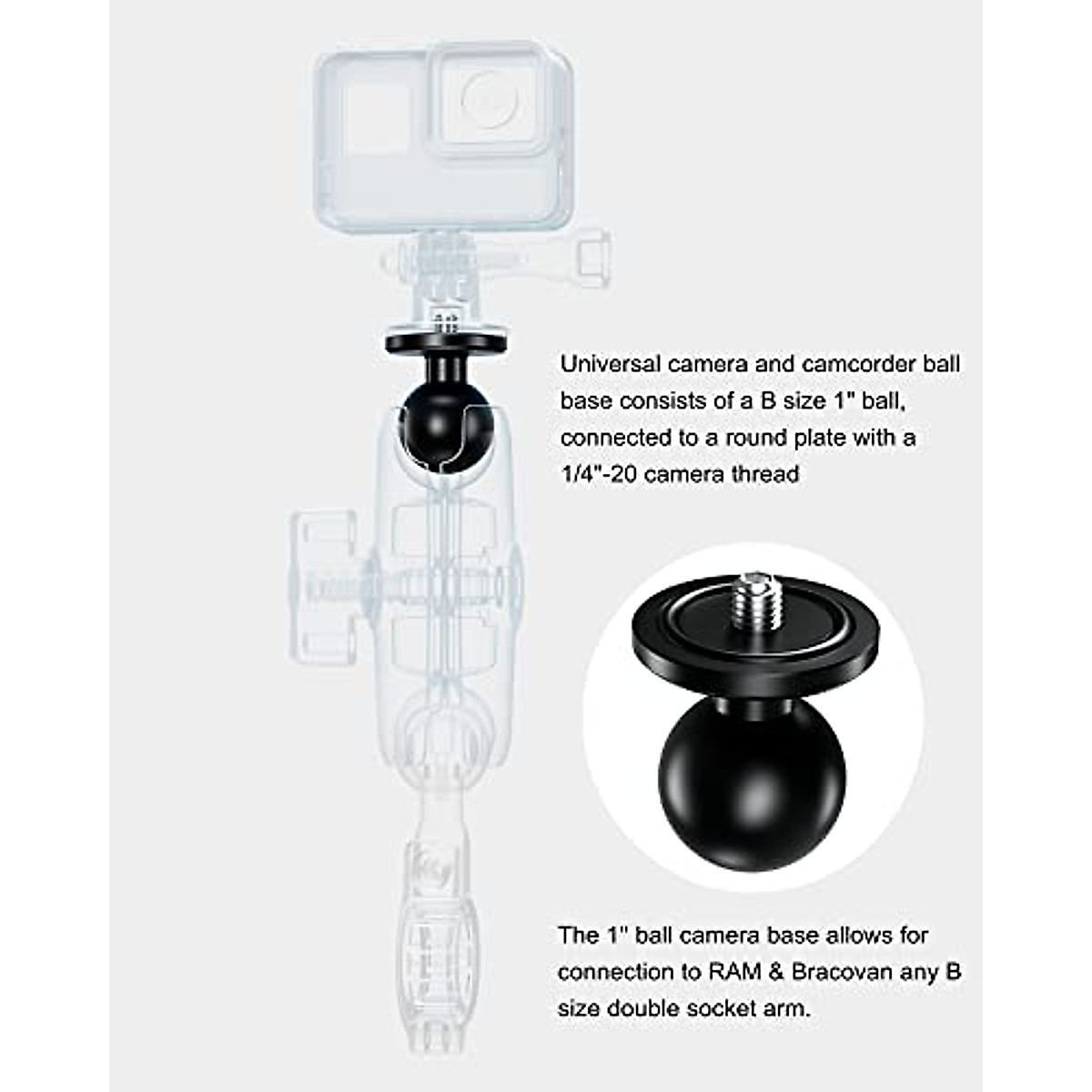 BRCOVAN 2 Pack, Aluminum Alloy 1'' Ball Adapter with 1/4"-20 Threaded Stud for Action Camera & Camcorder Compatible with RAM Mounts B Size 1'' Ball Double Socket Arm