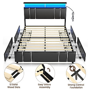 VIAGDO Bed Frame Queen Size with Bookcase Headboard and 4 Storage Drawers, Leather Upholstered Queen Bed Frame with Charging Station and LED Lights, Silver Iron Decor, No Box Spring Needed, Black