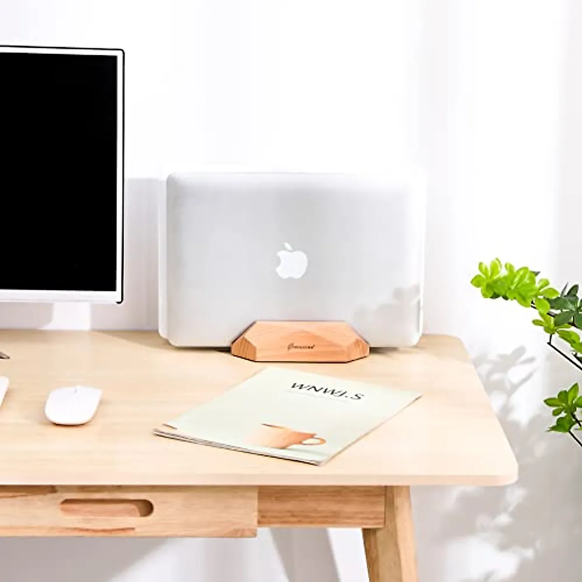 SINORHEMA Vertical Laptop Stand 2 Slots for Computer Desk Monitor Stand Double MacBook Holder and Dock Compatible with All MacBook Pro Air iPad Surfaces Beech