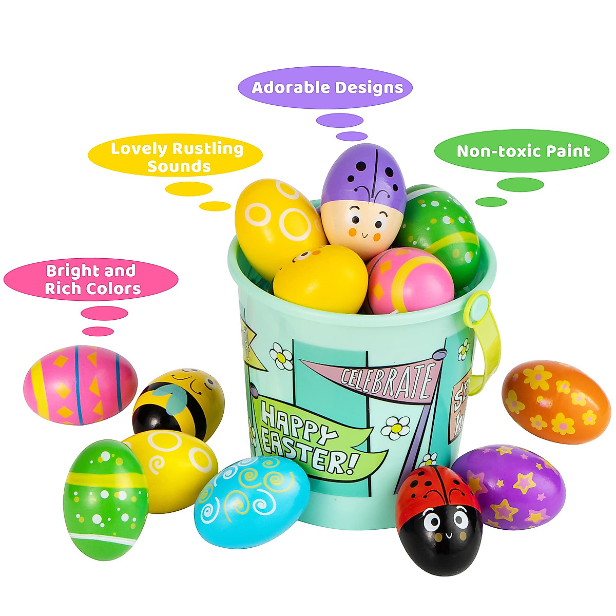 JOYIN 18 PCS Easter Wooden Percussion Musical Egg Maracas Egg Shakers for Party Favors, Easter Egg Hunt, Easter Egg Maracas, Musical Instrument Props, Basket Stuffers Fillers