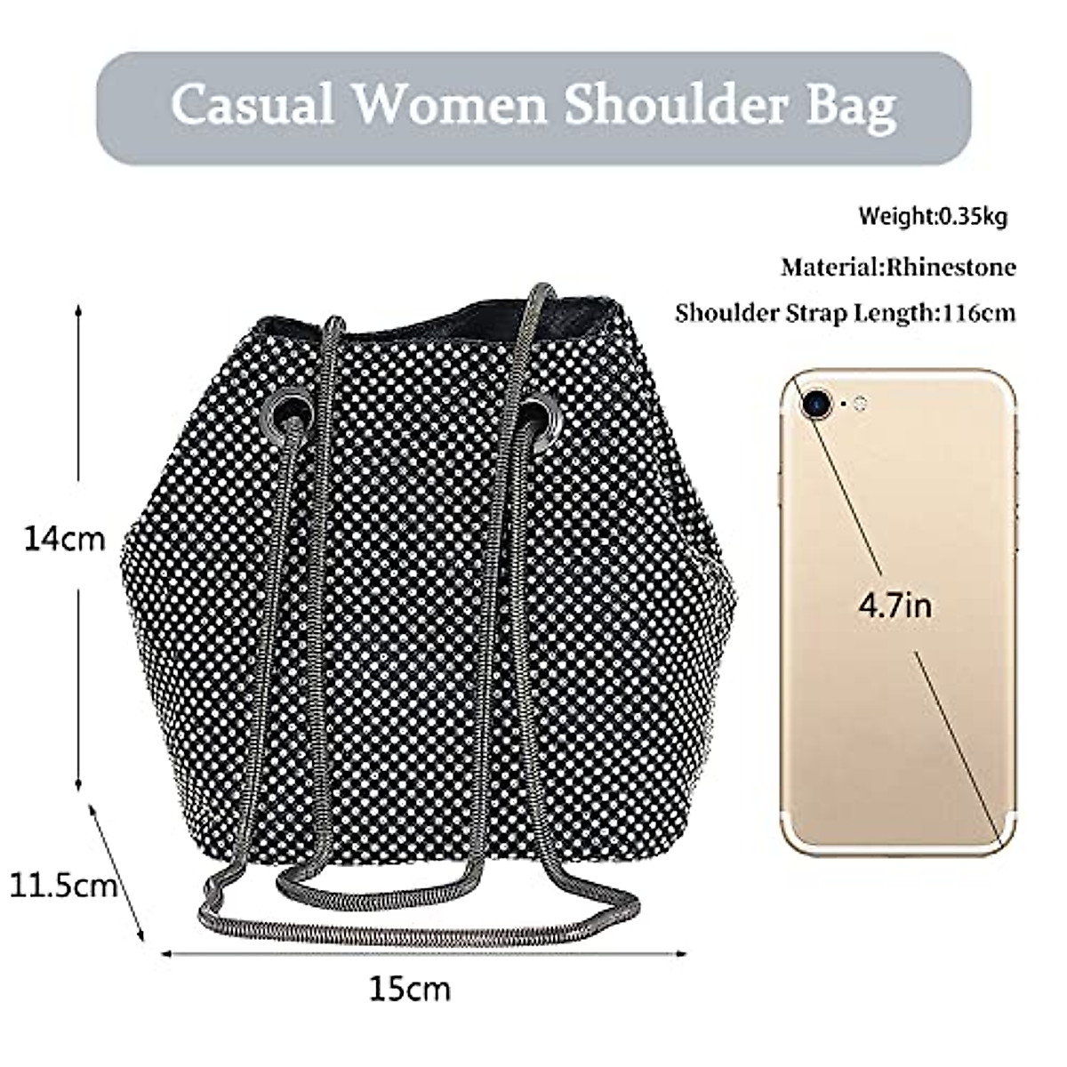 CORIOS Rhinestone Evening Bag for Women Crystal Bucket Purse Sparkly Clutch Glitter Handbag Bling Wedding Shoulder Bag Crossbody Bag Banquet Bag for Wedding Prom Cocktail Party Black