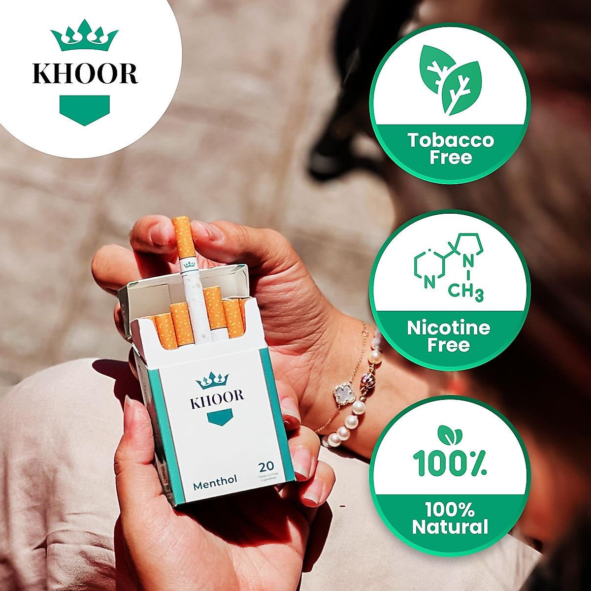 KHOOR Herbal Cigarettes - 2 Packs Menthol Flavor, Herbal Cigarette Alternative for Smokers Seeking a Tobacco & Nicotine-Free Cigarette Alternative, Non-Nicotine and Refreshing (40 smokes)