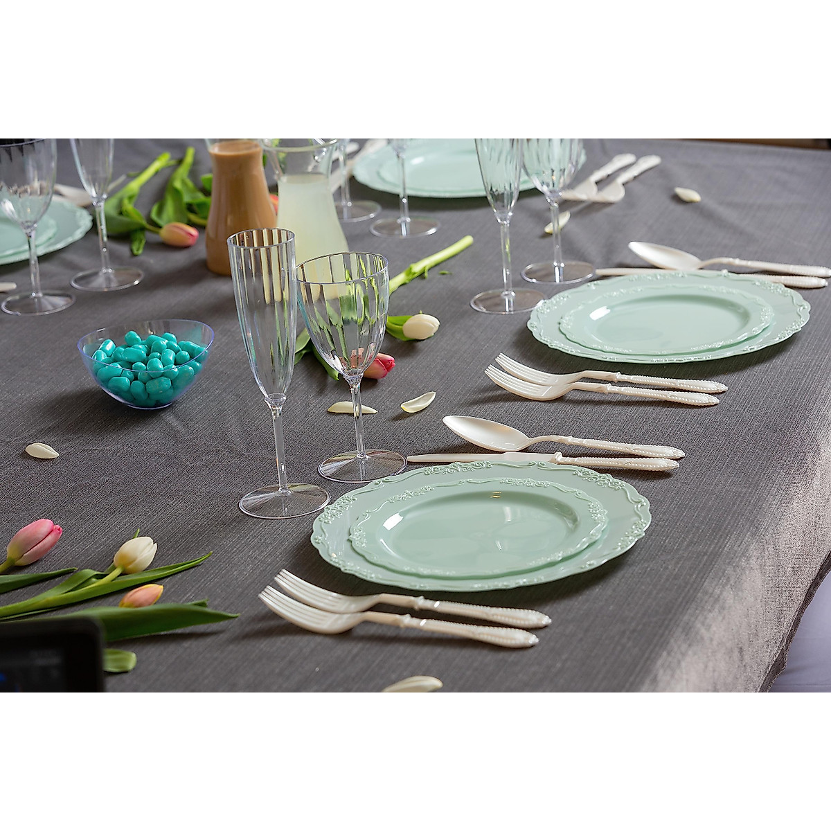 Posh Setting Disposable Plastic Plates Set, Vintage Party Plates, Light Green/Sage 60 Pack (30 Guest) 30 x 10.25 Dinner & 30 x 7.25 Salad/Dessert Plate