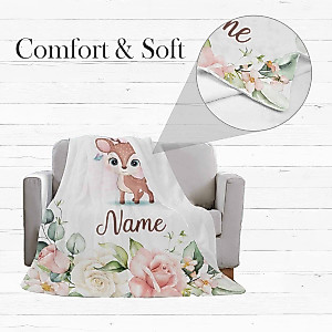 D-Story Personalized Baby Blankets for Girls, Custom Deer Childish Throw Blanket with Baby Name Custom Baptism Kids Blanket for Newborn Girls Baby Gift(30"x40")