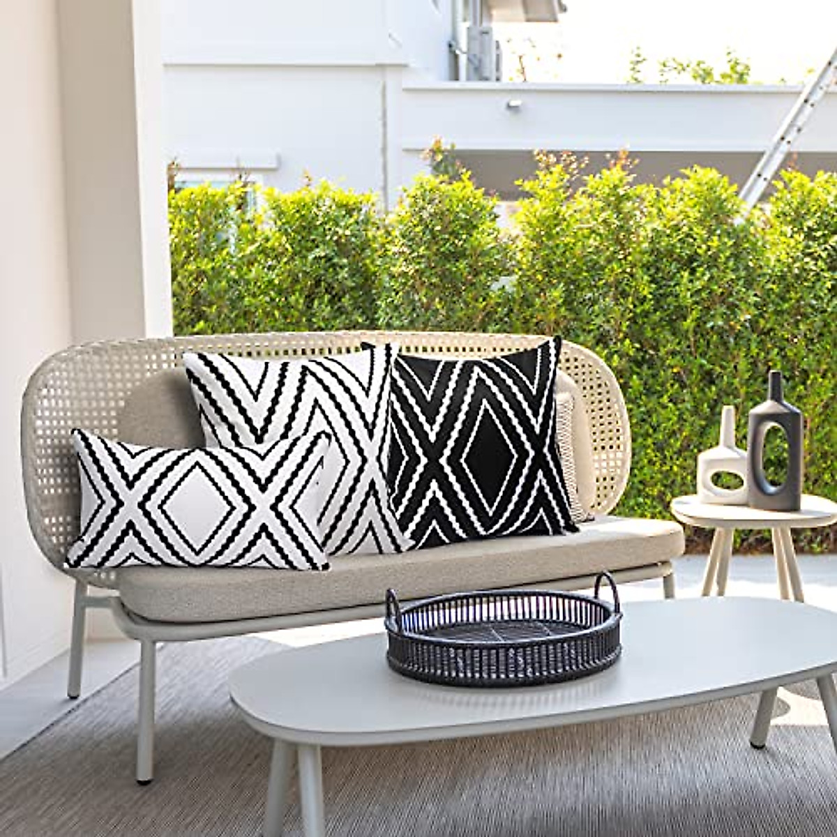 Hckot Outdoor Waterproof Boho Throw Pillow Covers for Patio Furniture Set of 2 Geometric Decorative Pillow Cases for Couch Garden Tent Balcony 18 X 18 Inch(White)