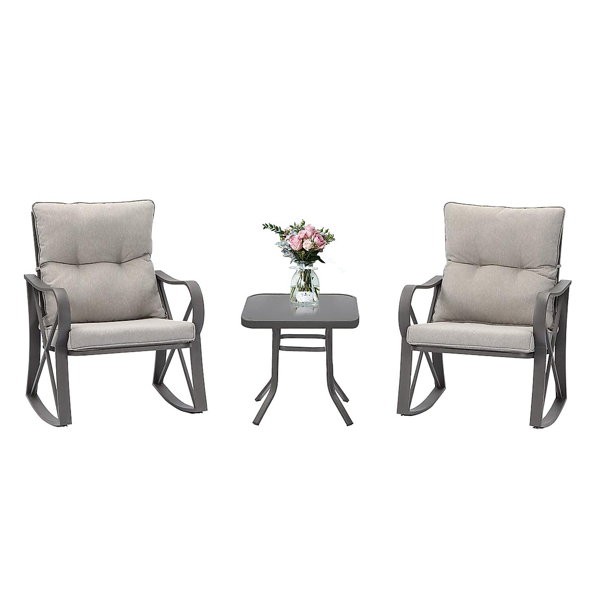 SUNBURY Outdoor Furniture 3-Piece Rocking Chair Set w Warm Gray Cushion, Tempered Glass Table - Elegant Patio Frame Bistro Chair for Backyard