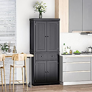 HOMCOM 72" Traditional Freestanding Kitchen Pantry Cabinet Cupboard with Doors and 3 Adjustable Shelves, Black