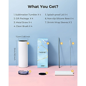 Hiipoo Sublimation Tumblers Bulk 20 oz Skinny, Stainless Steel Double Wall Insulated Straight Tumbler Cups Blank White with 4 Lids, 4 Straws and Brushes,5 Shrink Wrap Films(4 Pack )