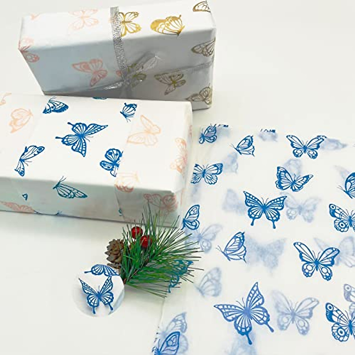TTLLQQ 60Pcs 20x26inch Gold Rose Gold Pearl Blue Butterfly Tissue Paper Sheets, Gold Wrapping Tissue Paper Bulk for Packaging for Christmas Wedding Birthday Party Baby Showers DIY Crafts Arts