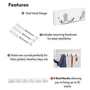 BIRDROCK HOME Dual Hook Coat and Hat Rack - 6 Dual Hooks - 27 Inches - Wall Mount - Decorative Home Storage - Entryway Foyer Hallway Bathroom Bedroom Rail - White Pine Finish - Satin Nickel Hooks
