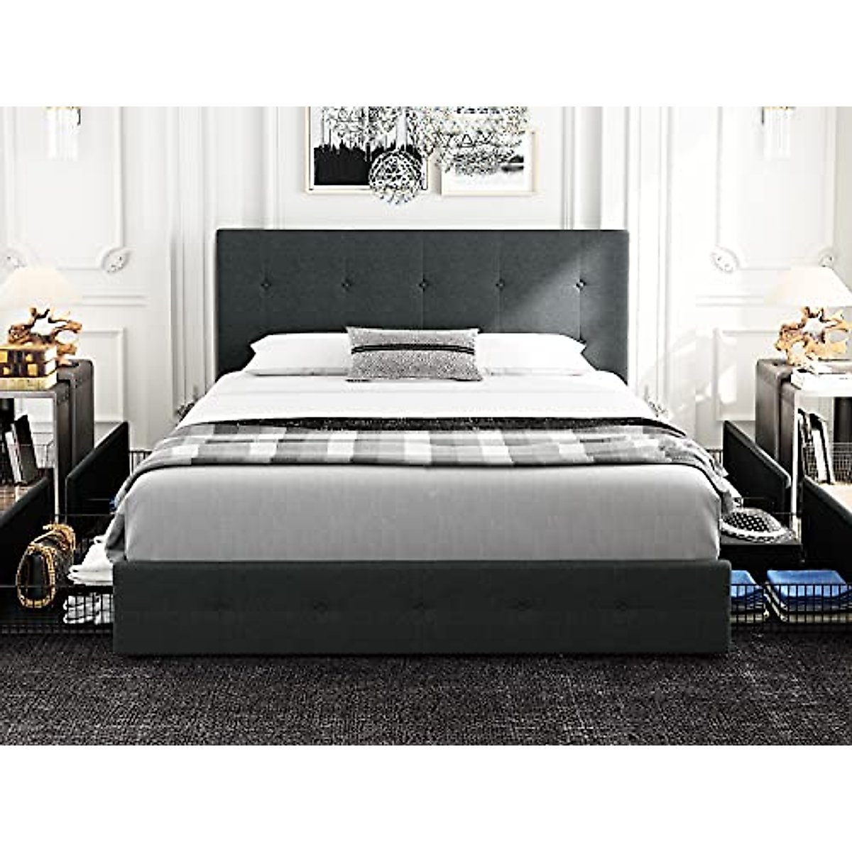 HOOMIC Queen Upholstered Platform Bed Frame with 4 Storage Drawers, Wooden Slats Support, Adjustable High Headboard with Square Stitched Button Tufted Design, No Box Spring Needed,Dark Grey