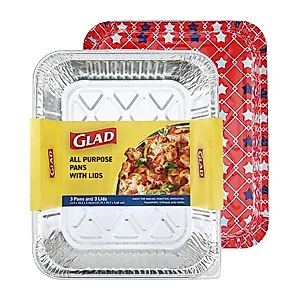Glad Disposable Aluminum All Purpose Pans in Red, White & Blue Stars, 3ct with Lids - Printed Colorful Foil Steam Pans - 12.5” x 10.2” x 2.16” Aluminum Pan - Disposable Steamware