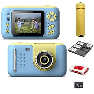Acuvar Full 1080P Kids Selfie Flip Lens HD Digital Photo & Video Rechargeable Camera with 2" Screen, Matching Handheld Tripod, 32GB Card, Memory Card Case, Card Reader & Micro USB Charging (Blue Kit)