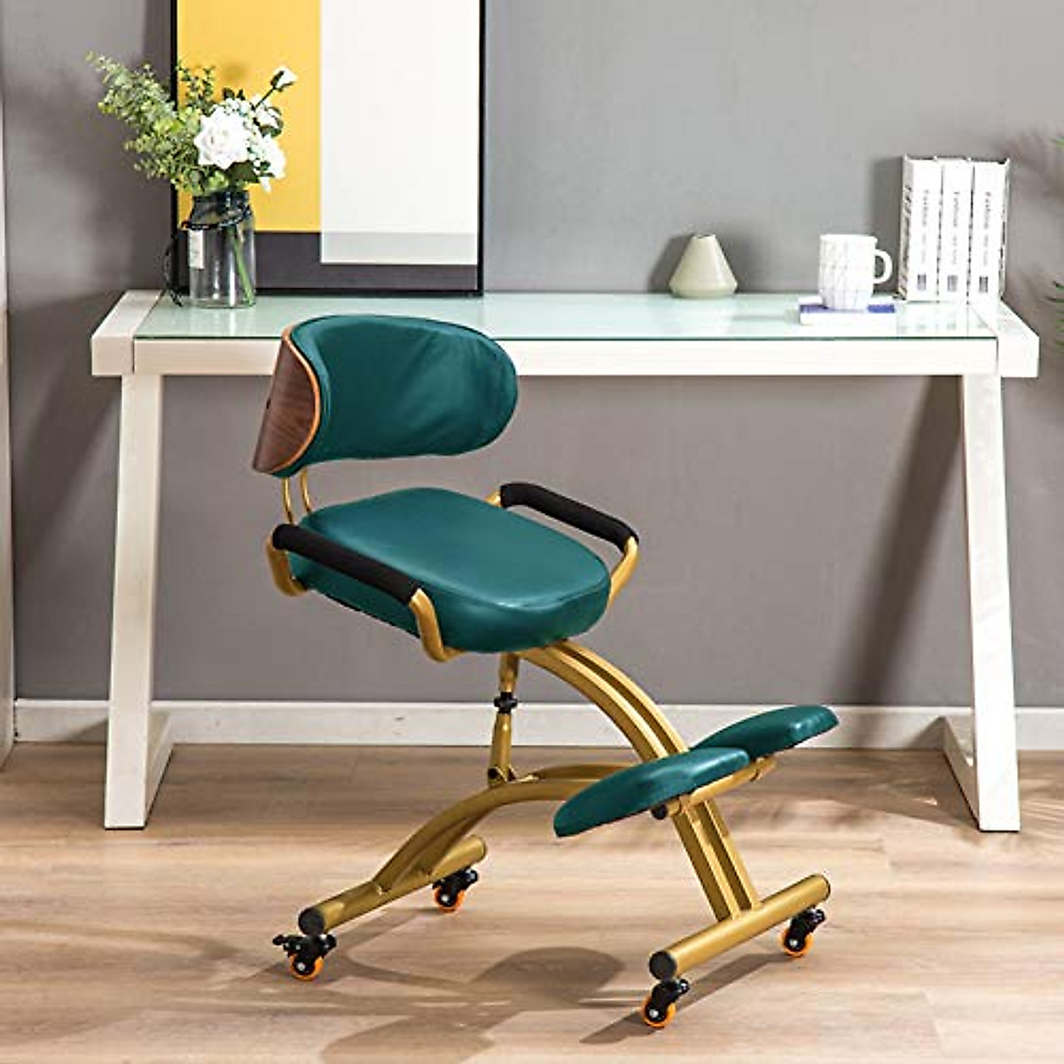 Rolling Kneeling Chair with Back Support, Ergonomic Adjustable Stool for Improve Your Posture with Faux Leather Knees Cushions and Flexible Casters for Home Office,Green
