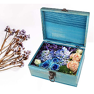 Dedoot Wooden Keepsake Box, Blue Wood Box with Lock Decorative Handmade Craft Small Latched Box for Jewelry Gift Storage and Home Decor, 9.3x7.6x4.5 Inch
