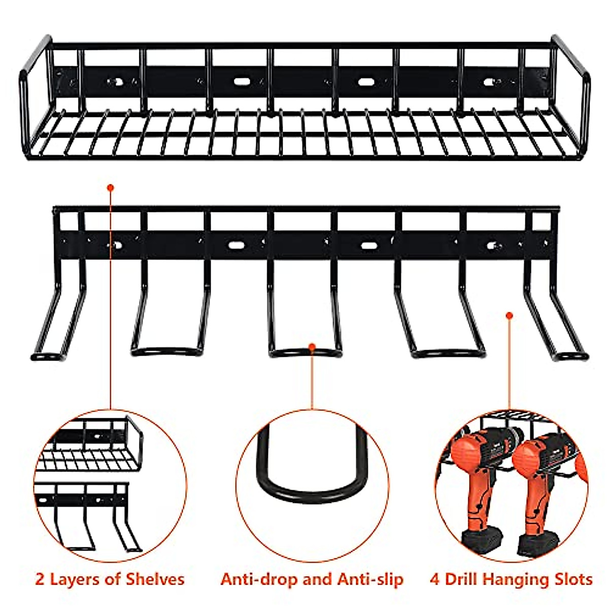 Butizone Power Tool Organizer, Wall Mounted Drill Storage Rack for Handheld & Power Tools, Heavy Duty Compact Steel Power Tool Holder, 17" Length