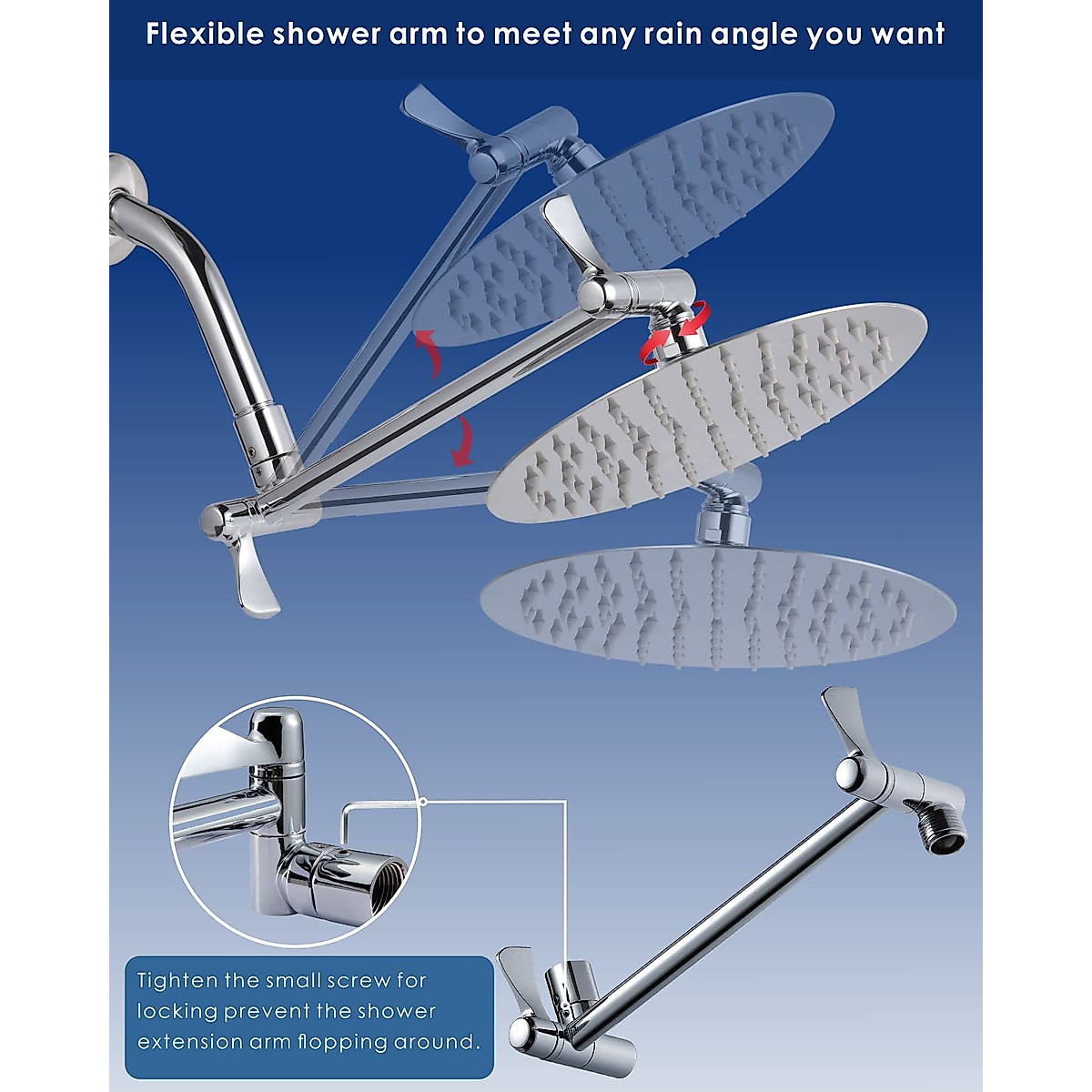 8'' Rain Shower Head with 11'' Adjustable Extension Arm - Eolax High Pressure Rainfall Showerhead Solve Low Water Pressure and Flow - Bathroom Fixed Shower Heads Made of 304 Stainless Steel - Chrome