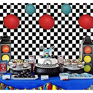 Cosplay Party Banner Checkered Flag Photography Backdrop Vinyl 7x5ft Photo Background White and Black Racing Checker Texture Grid Birthday Chess Board Decoration Supplies Photo Booth Studio Props