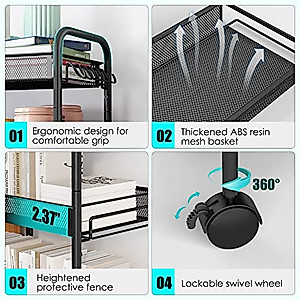 HomeHom 5 Tier Utility Rolling Cart, Multipurpose Utility Cart with 12 Hooks, Storage Cart Craft Cart Organizer for Bathroom Laundry Kitchen, Book Art Snack Lash Makeup Diaper cart, Black