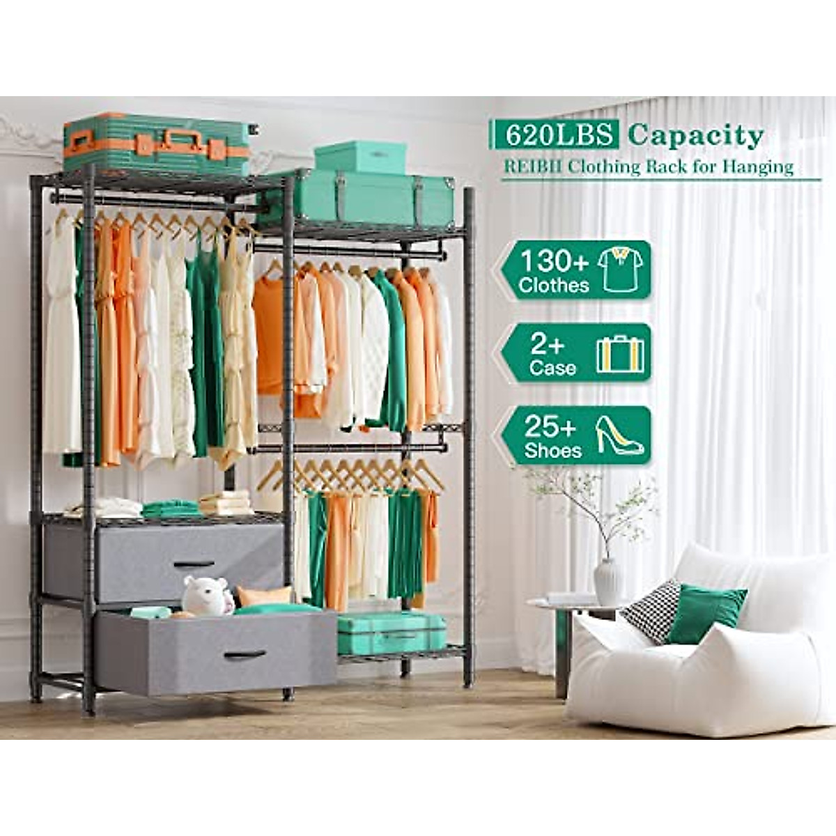 REIBII Clothes Rack,Clothes Racks for Hanging Clothes Rack Heavy Duty Clothing Rack Load 620LBS Clothing Racks for Hanging Clothes Adjustable Portable Garment Rack Free Standing Wardrobe Closet