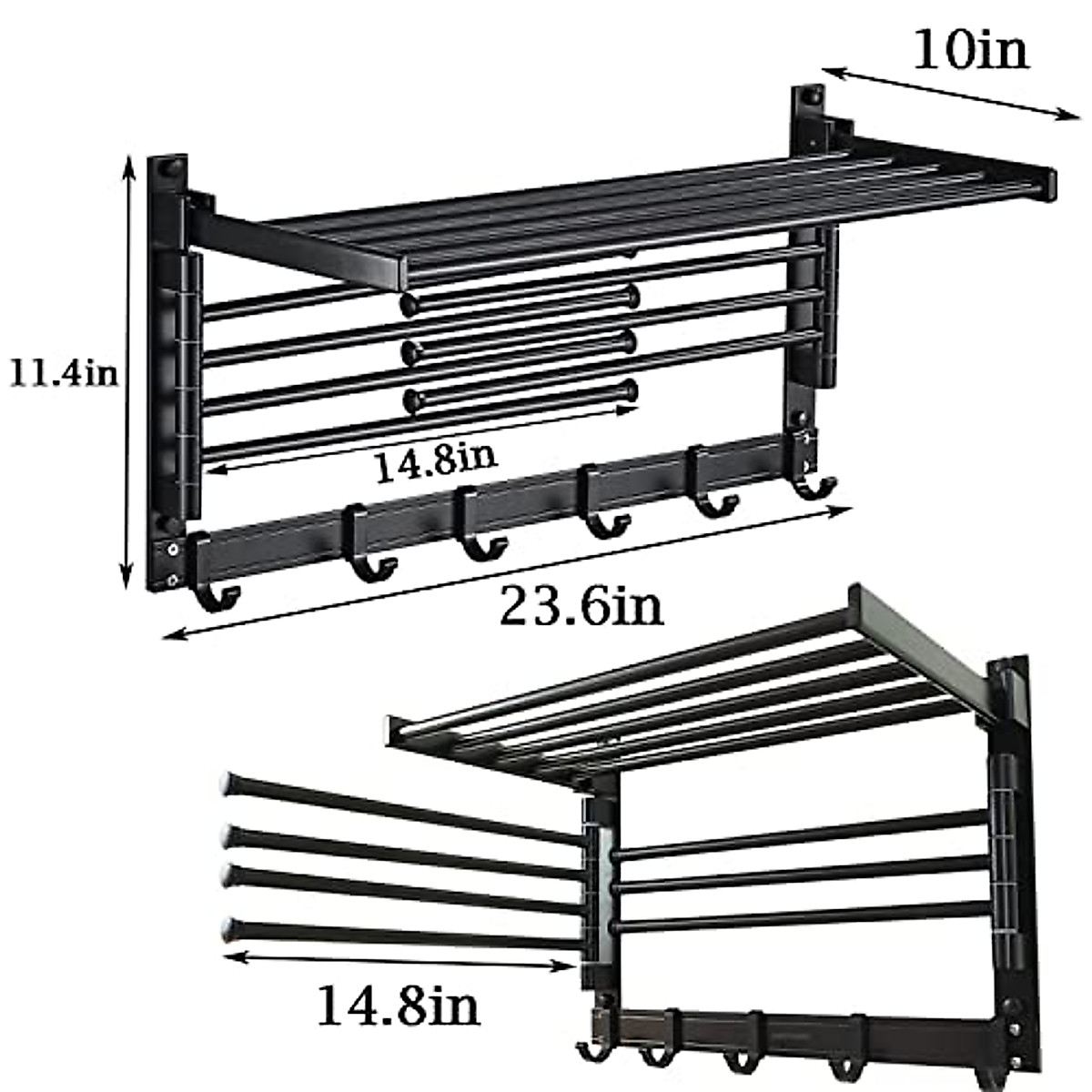 uyoyous Towel Rack for Bathroom 23.6 Inch Clothes Drying Rack with Foldable Towel Shelf and Swing Arms Aluminum Rustproof Wall Mount Laundry Room Organizer Load 45 lbs
