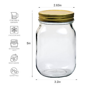 QAPPDA 16 oz Glass Jars With Gold Lids,Wide Mouth Ball Mason Jars,Glass Storage Jars For Food,Canning Jars For Pickles,Herb,Jelly,Jams,Honey,Kitchen Canisters Dishware Safe 15 Pack