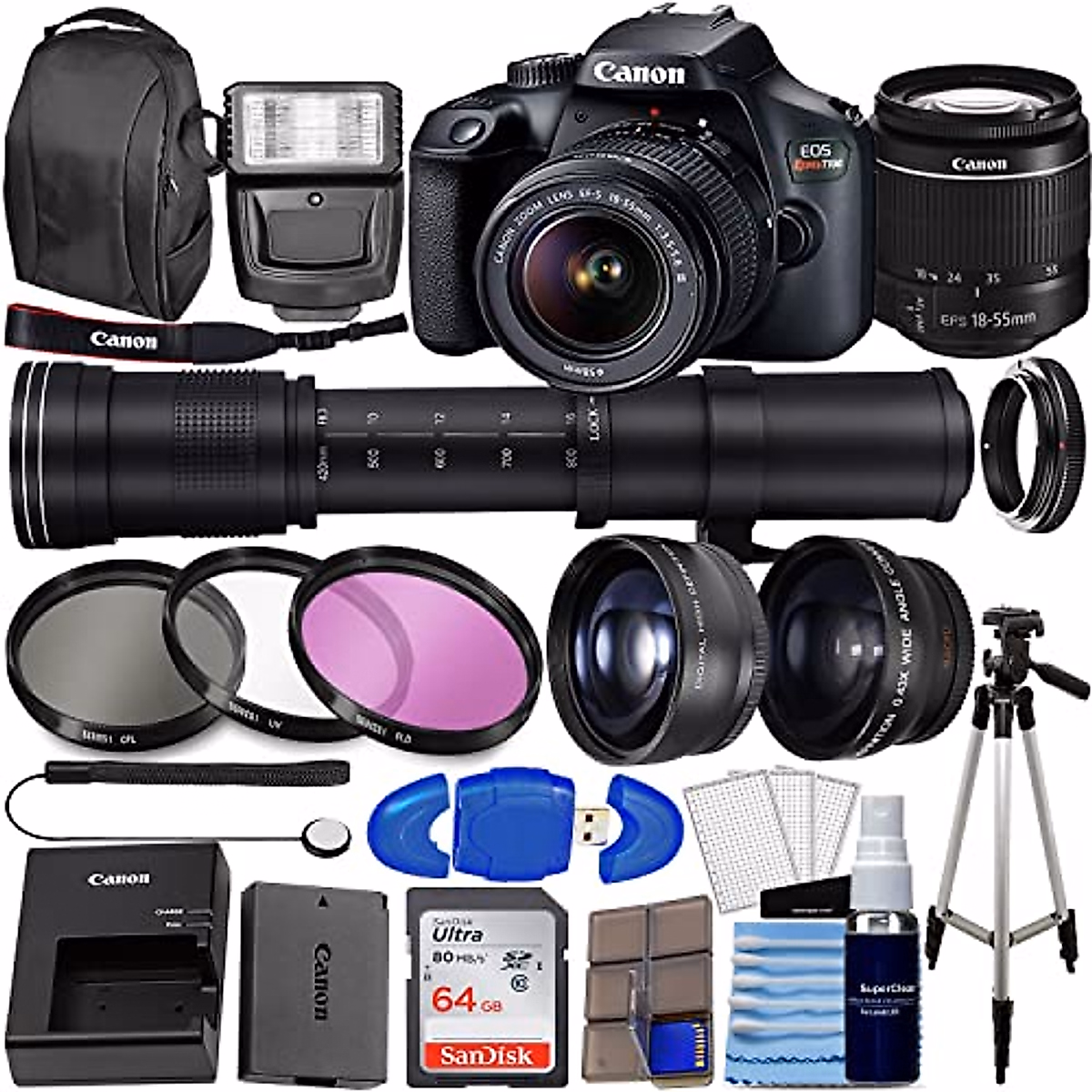 Camera EOS Rebel T100 / 4000D DSLR w/ 18-55mm Zoom Lens + 420-800mm Super Zoom Lens, Wide Angle Lens, Telephoto Lens, 64GB Memory, 3PC Filter Kit, Case, Tripod + More (31PC Bundle Kit)