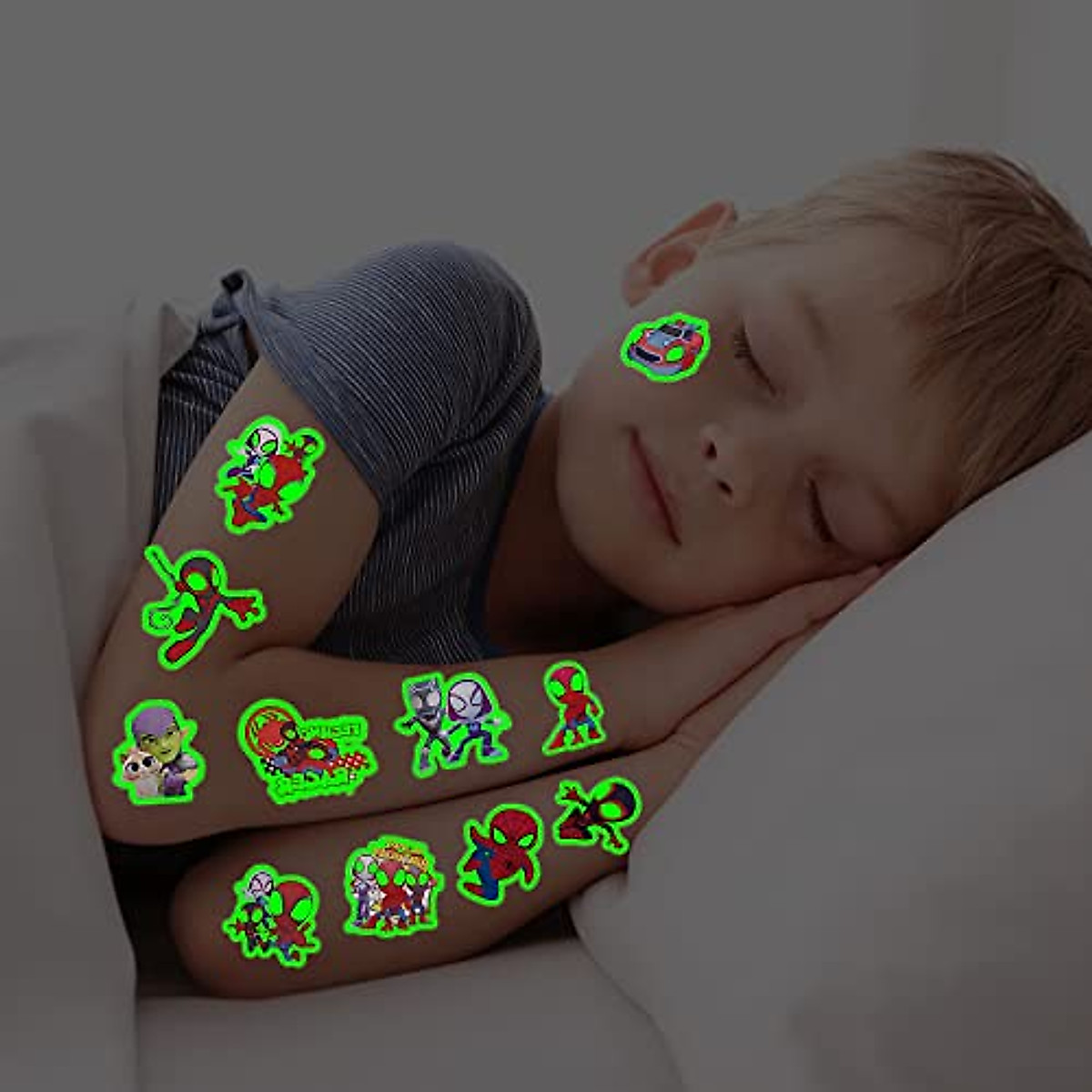 198PCS Spider Temporary Tattoos for Kids, 8 Sheets Luminous Birthday Party Supplies Favors, Anime Favors Decorations Cute Fake Stickers Teens, Water Bottles, Green